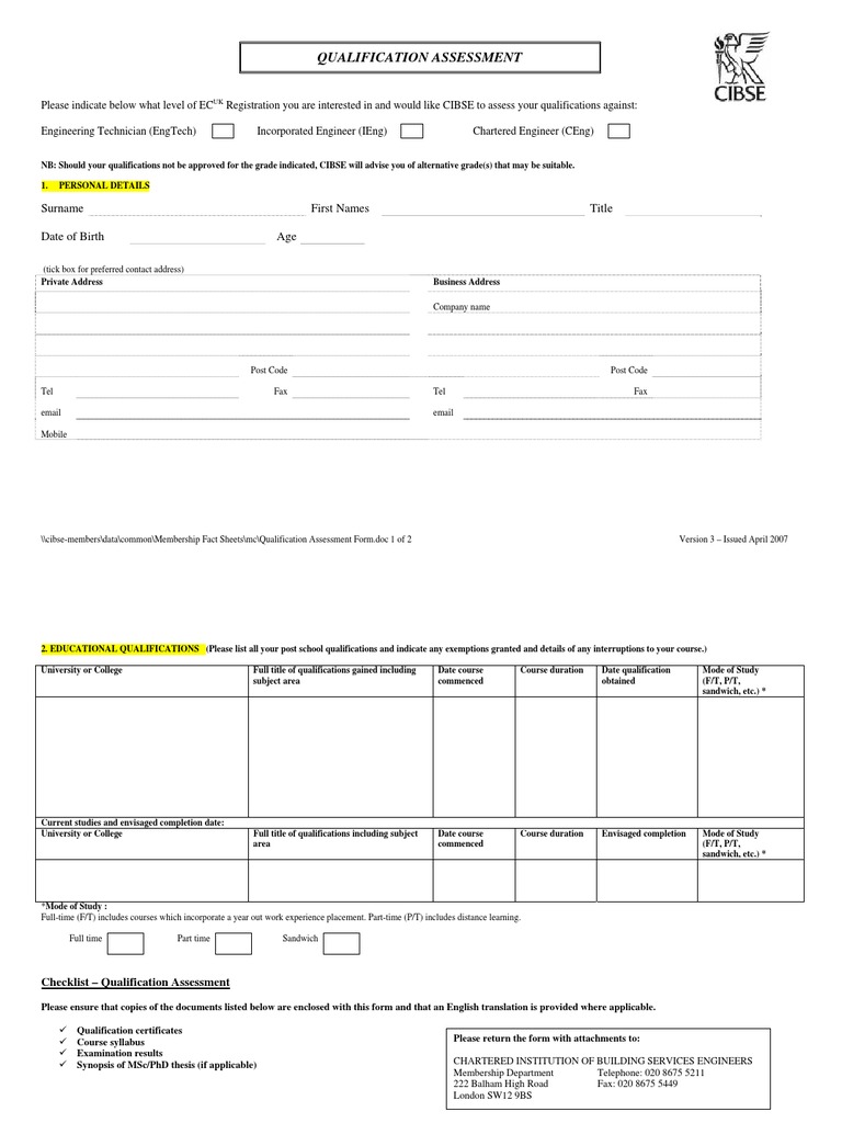 Qualification Assessment Form | PDF | Engineering | Vocational Education