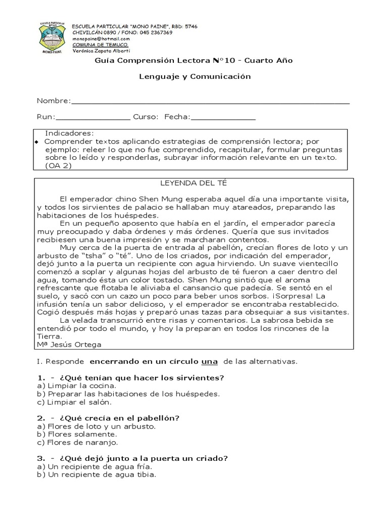 Guía de Comprensión Lectora 4° Año | PDF | Hansel y Gretel | Té