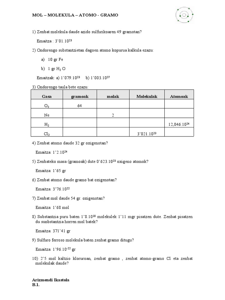 Molekula - Atomogramo - Ariketak | PDF