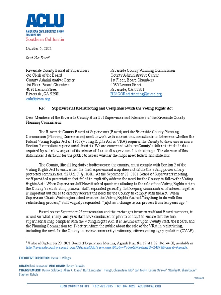 ACLU Letter On Riverside County Redistricting | PDF | Voting Rights Act ...