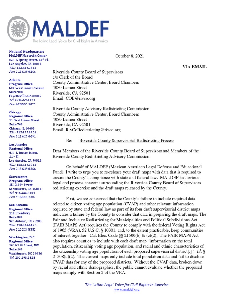 MALDEF Letter To Riverside County | PDF | Voting Rights Act Of 1965 ...