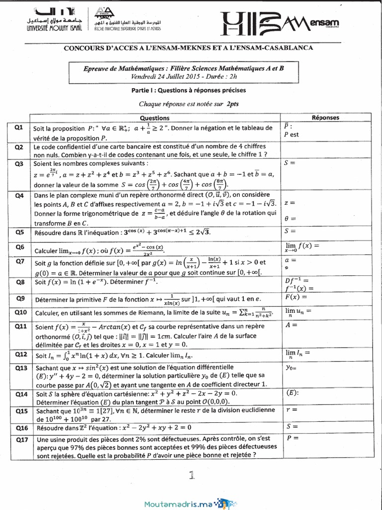 Exemple Concours Ensam SM Maths 2015 | PDF