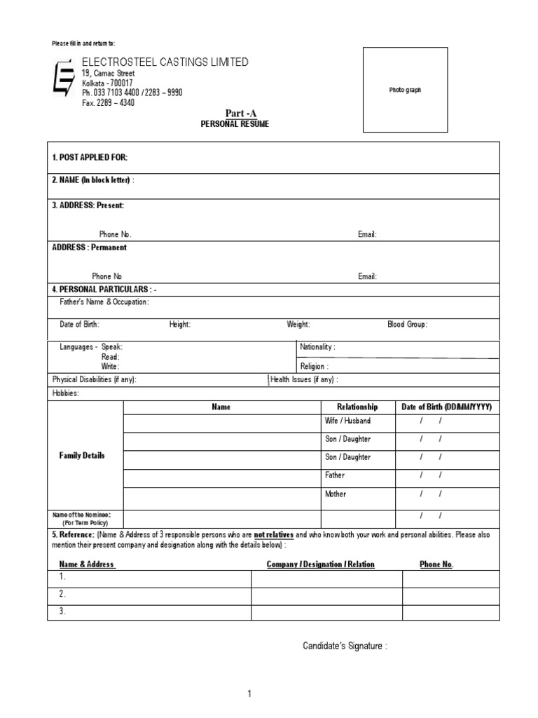 Electrosteel Castings Limited - Employment Form | PDF | Employment