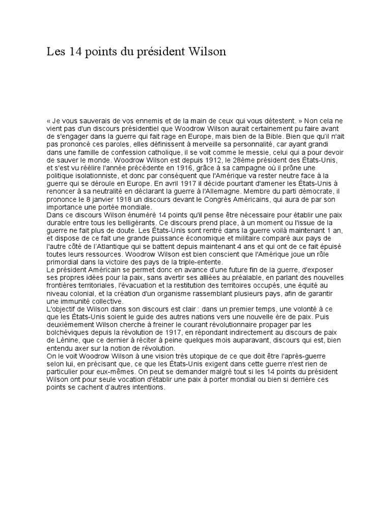 Les 14 points de Wilson pour la paix mondiale | PDF | Woodrow Wilson ...
