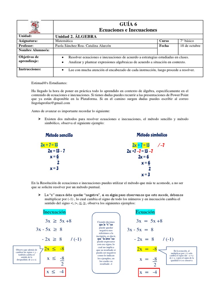 Guia 6 Ecuaciones Inecuaciones y Metodos | PDF | Ecuaciones ...