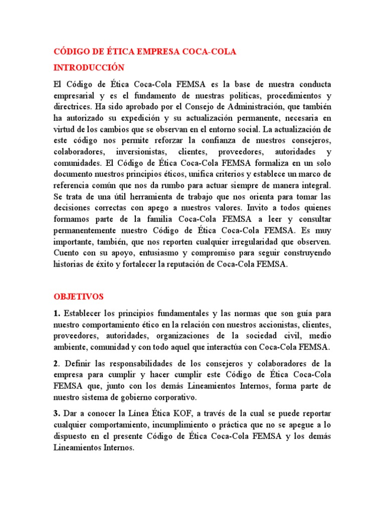 Word CÓDIGO DE ÉTICA EMPRESA COCA-COLA | PDF | Corrupción política ...