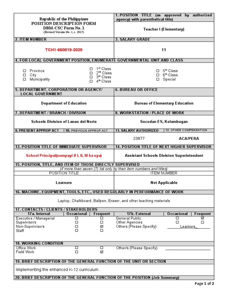 Republic of The Philippines Position Description Form DBM-CSC Form No ...