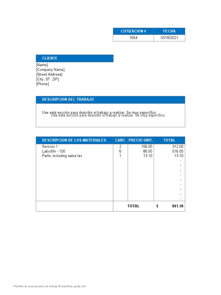 Example Work Estimate Template | PDF