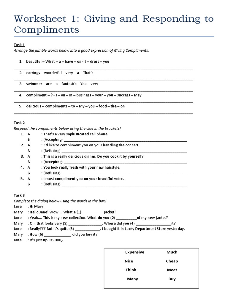 Worksheet 1: Giving and Responding To Compliments: Task 1 | PDF