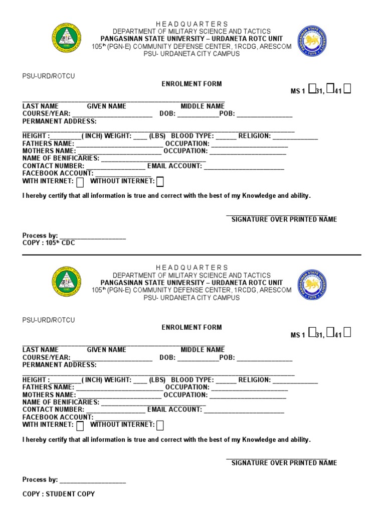 Rotc Enrollment Form | PDF