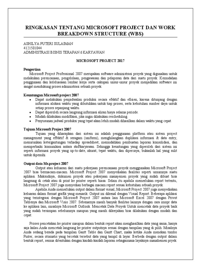 Ringkasan Microsoft Project Dan Work Breakdown Structure (WBS) - ASHILYA | PDF