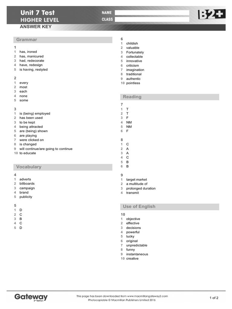 B2PLUS UNIT 7 Test Answer Key High | PDF | Communication | Cognition