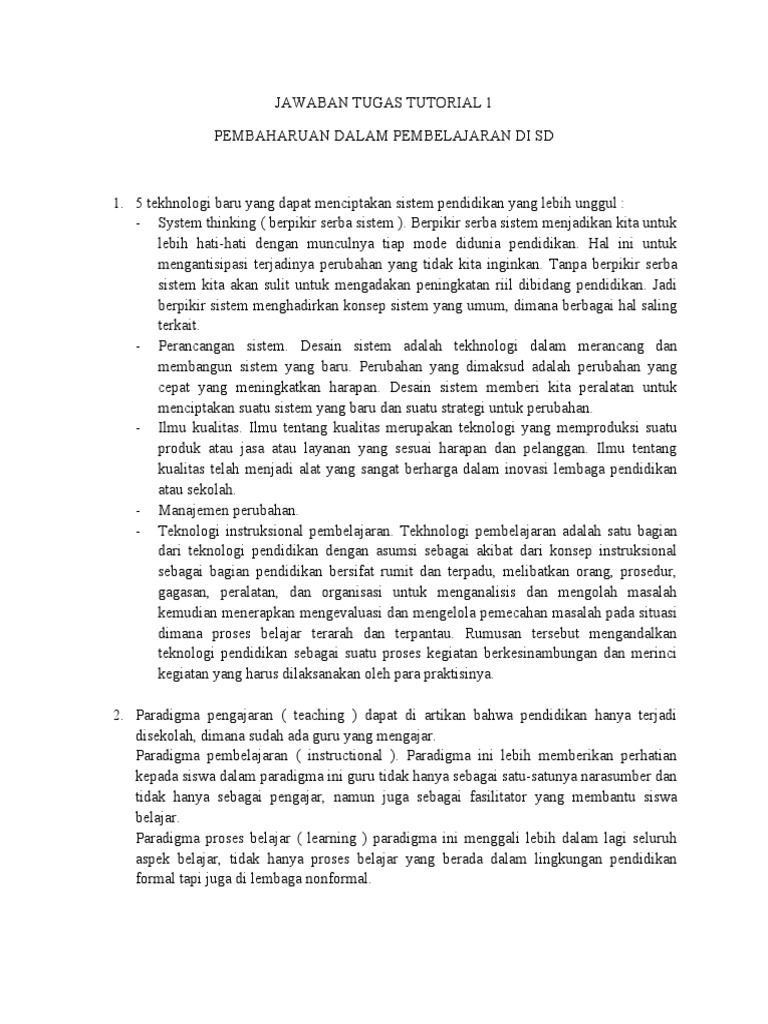 JAWABAN TUGAS TUTORIAL 1 Pembaharuan Dalam Pembelajaran Di SD | PDF
