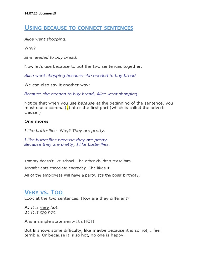 Using Because To Connect Sentences | PDF | Language Arts & Discipline