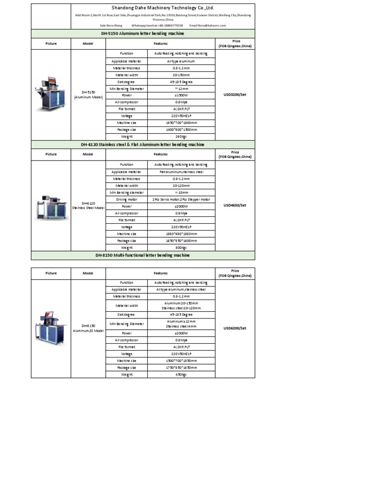 Dahe Letter Bending Machine Catalog | PDF | Equipment | Mechanical ...