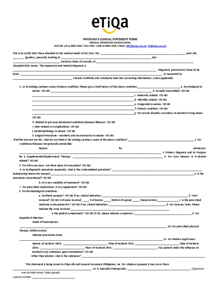 PCS - Physician's Clinical Statement Form 2019 Etiqa | PDF | Medical ...