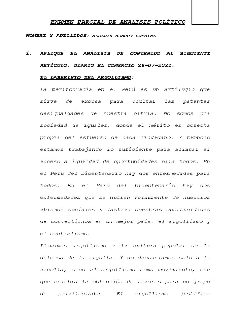 Monroy Cotrina Aldahir-Analisis Politico | PDF | Desigualdad social | Discriminación y ...