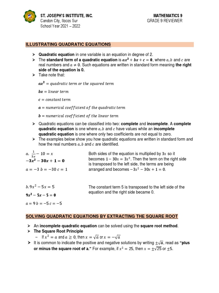 Math 9 Reviewer | Download Free PDF | Quadratic Equation | Factorization