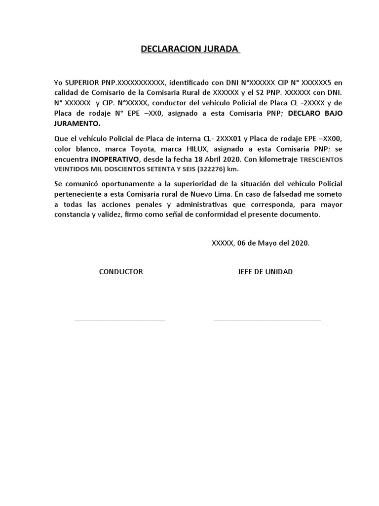 Declaracion Jurada Simple Vehiculo PNP Inoperativo | PDF