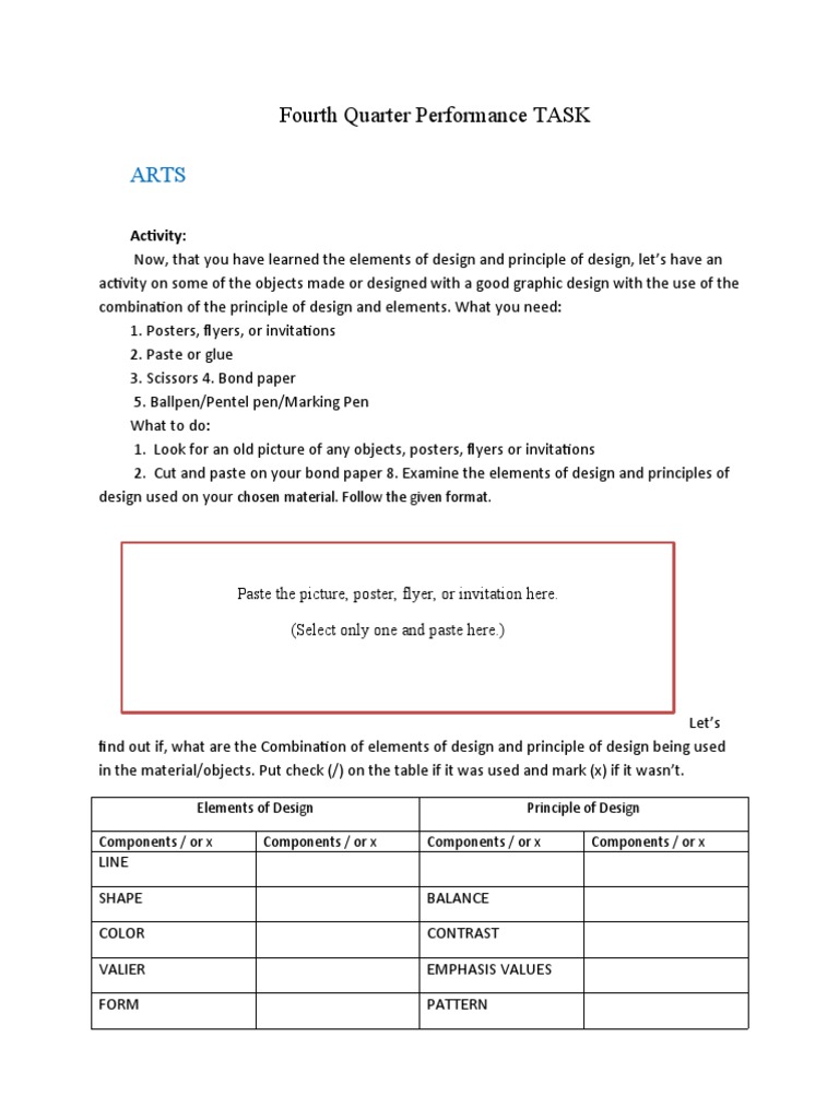Fourth Quarter Performance Task Guide | PDF | Teaching Methods & Materials | Art