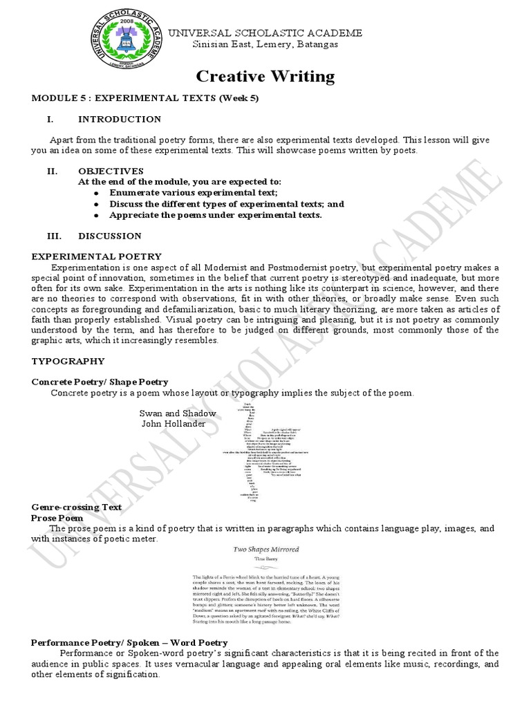 Module 5 Experimental Text | PDF | Poetry | Writing