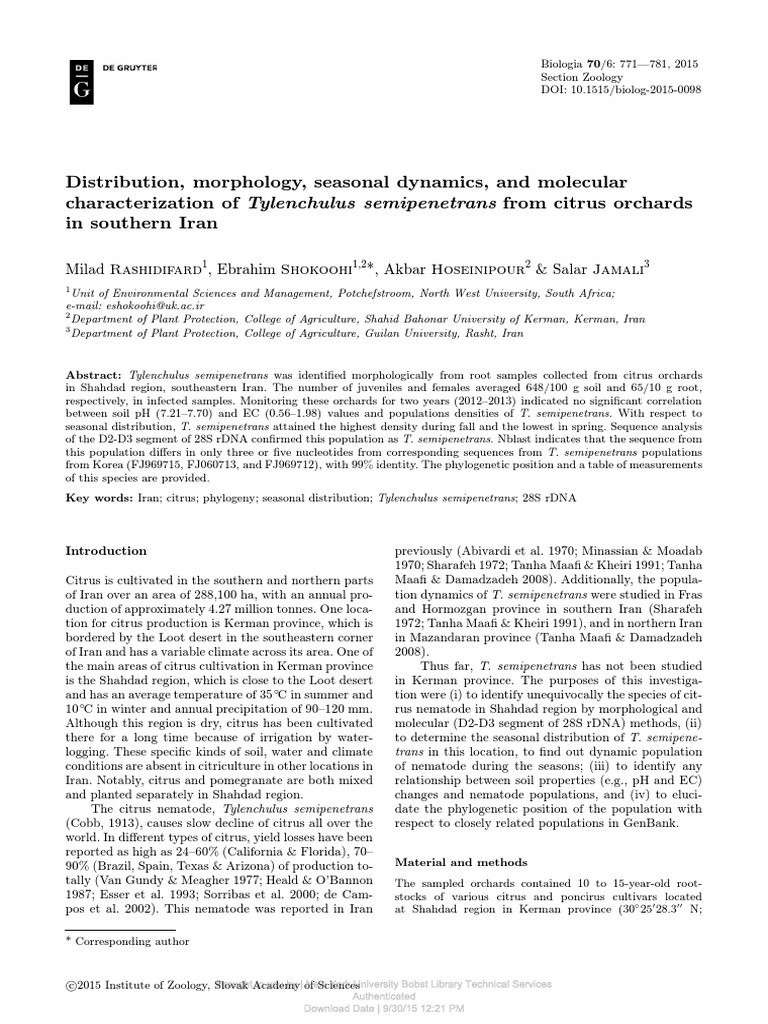 Distribution, Morphology, Seasonal Dynamics, and Molecular ...