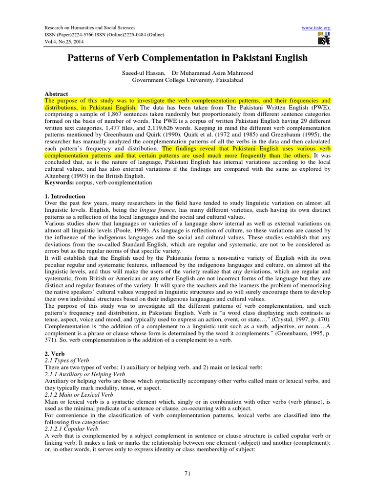 Patterns of Verb Complementation in Pakistani English | PDF | Verb ...