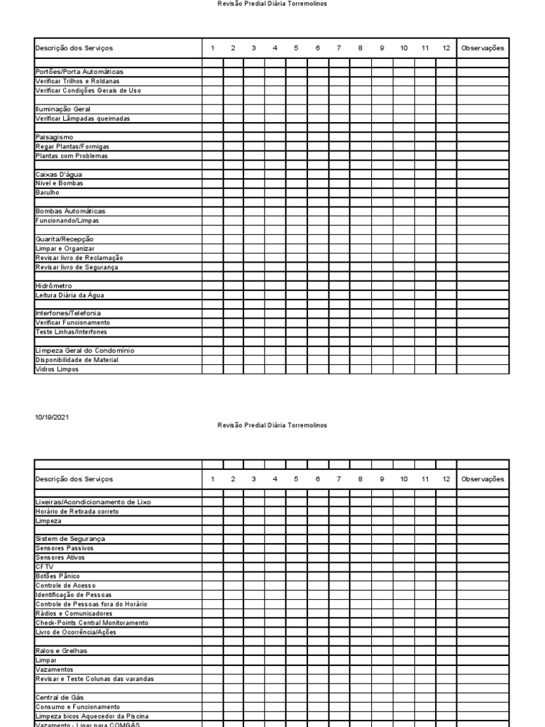 Planilha de Revisão Predial para Zeladores | PDF