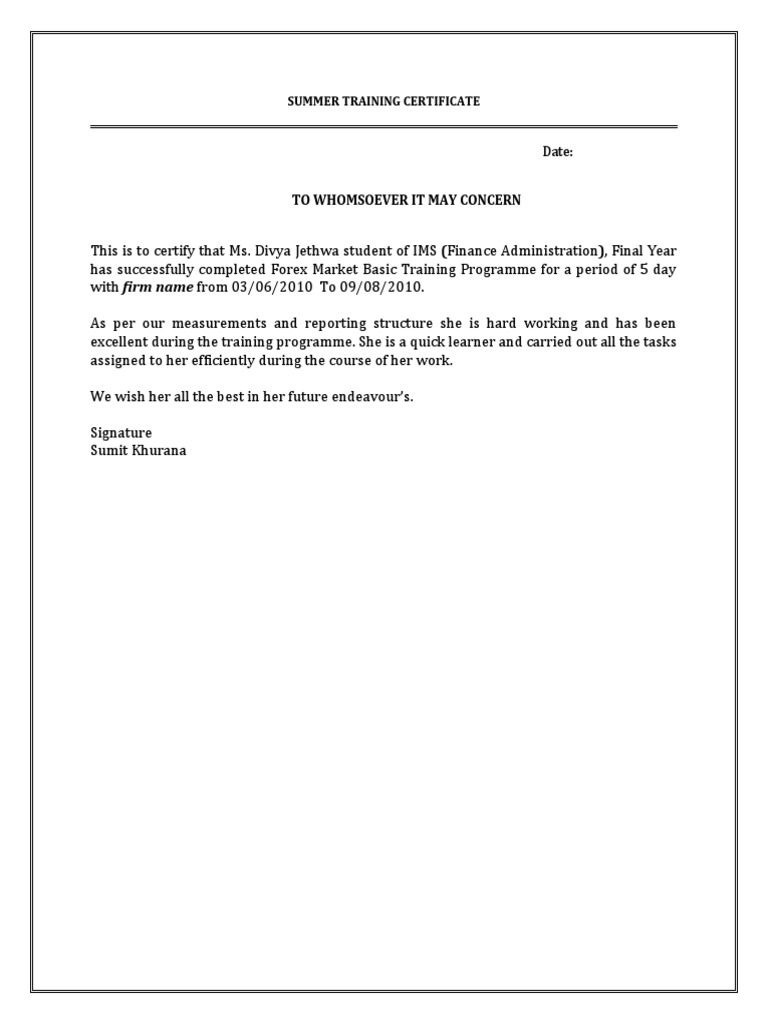 Summer Training Certificate | PDF | Career & Growth