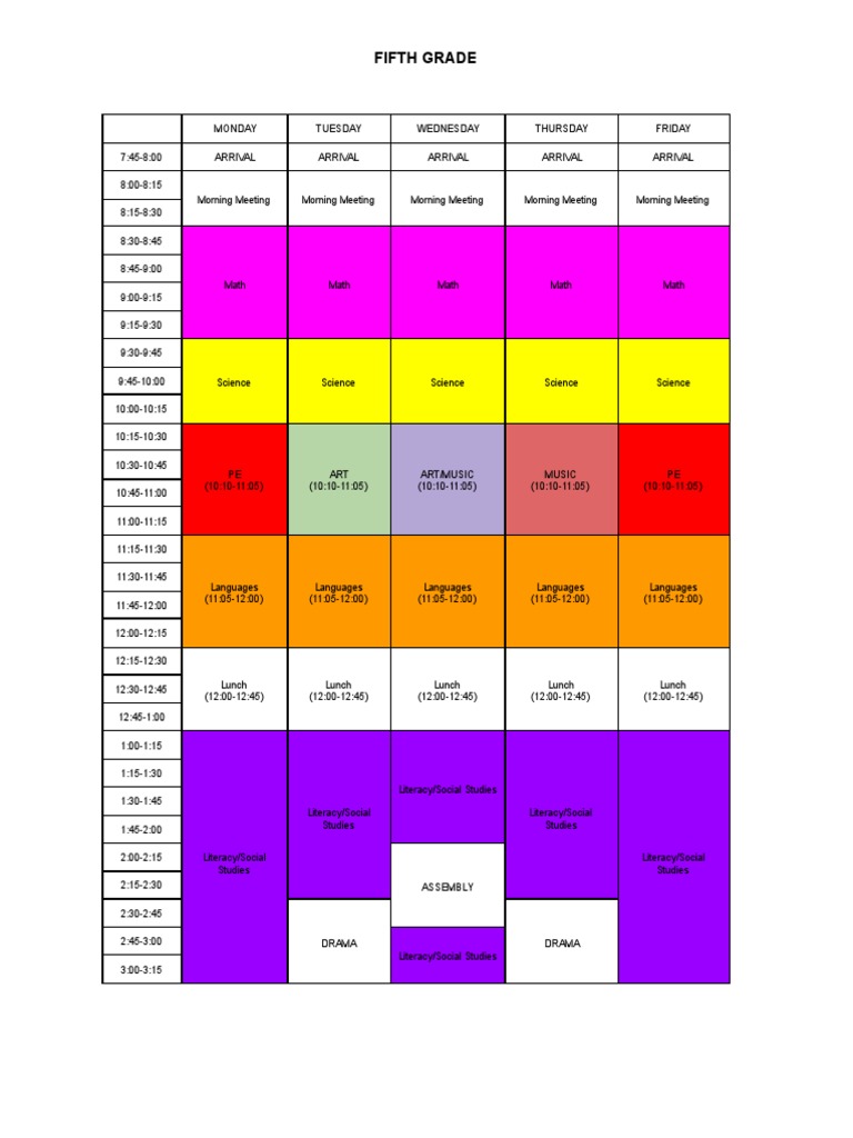 Fifth Grade Weekly Schedule 1 | PDF | Language Arts & Discipline