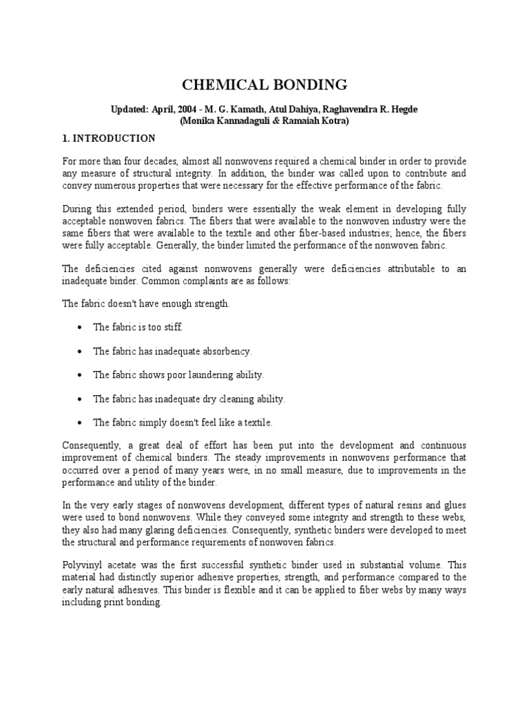 Chemical Bonding | PDF | Nonwoven Fabric | Polymers