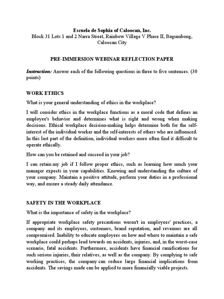 Pre-Immersion Webinar Reflection Paper | PDF | Employment | Confidentiality