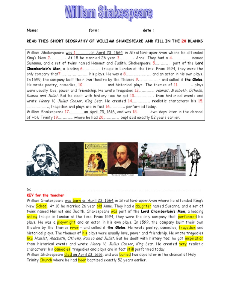 A Short Biography of William Shakespeare Key Information Gap Activities ...