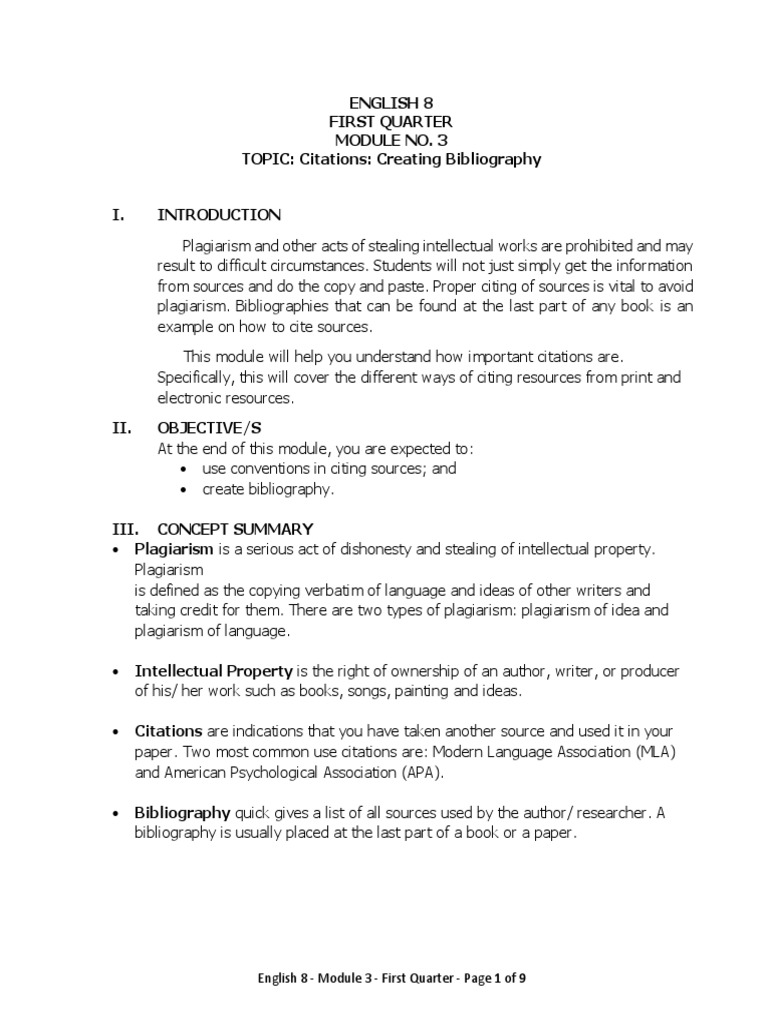 English 8 First Quarter Module No. 3 TOPIC: Citations: Creating ...