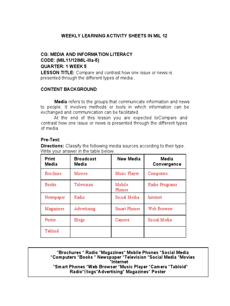 Grade 12 MIL Activity Sheet Week 5 | PDF | Mass Media | News