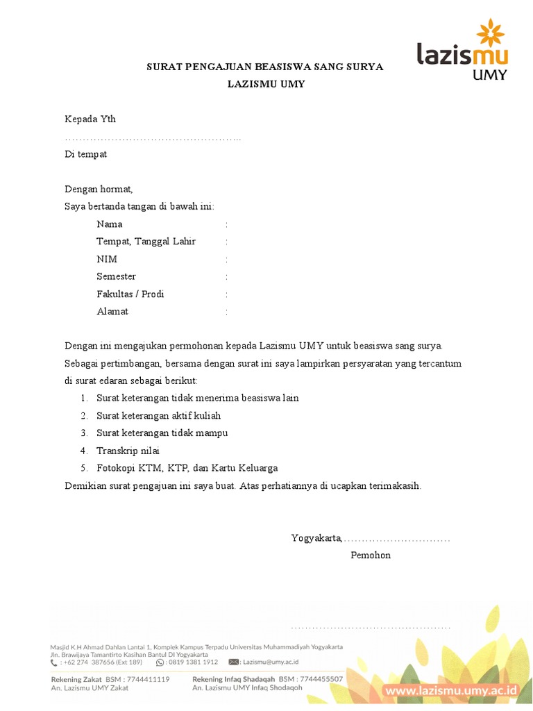 Surat Pengajuan Beasiswa Lazismu UMY FT | PDF | Hukum