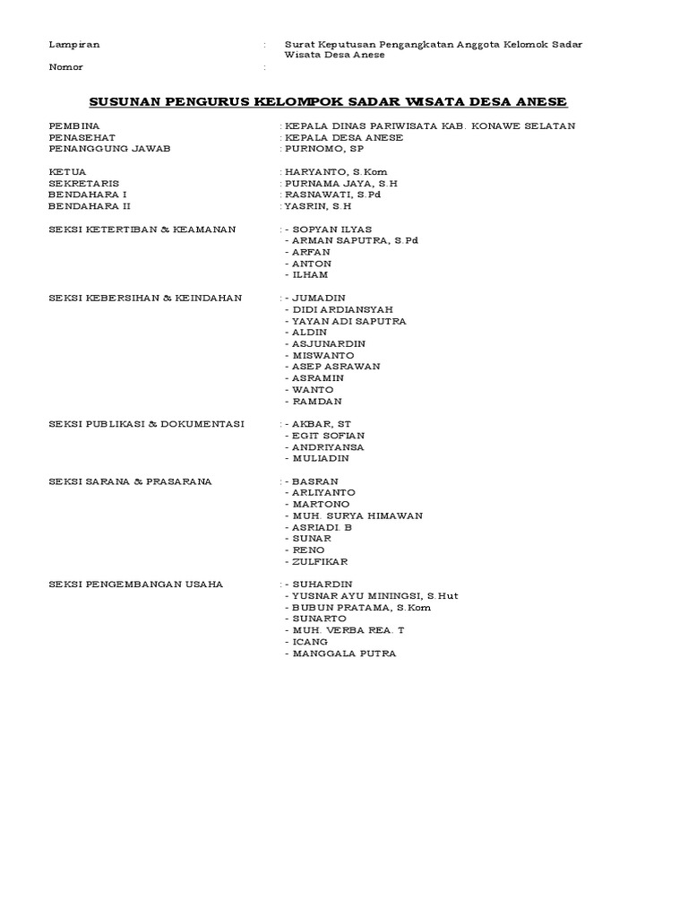 Lampiran SK Pokdarwis Ds. Anese | PDF