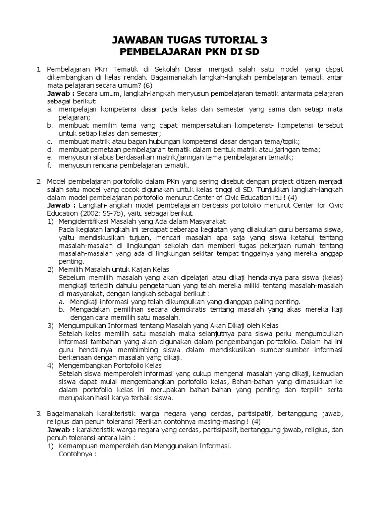 Jawaban Tugas Tutorial 3 Pembelajaran PKN Di SD | PDF | Ilmu Sosial
