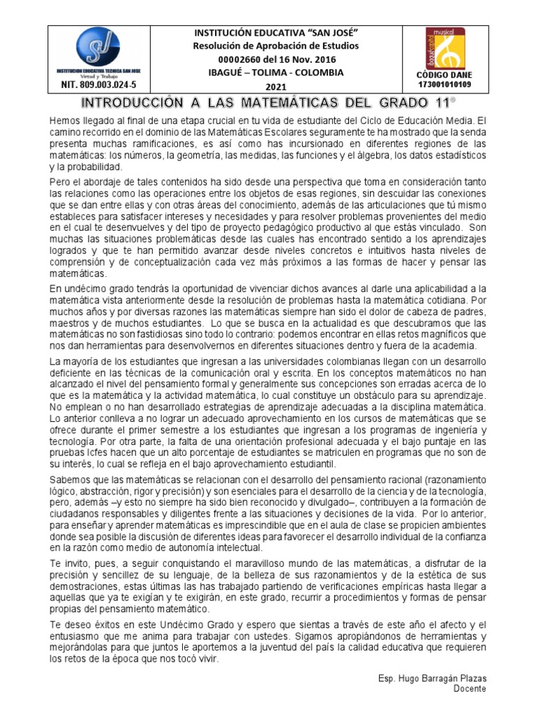 Introducción A Las Matemáticas 11 2019 | PDF | Matemáticas | Aprendizaje