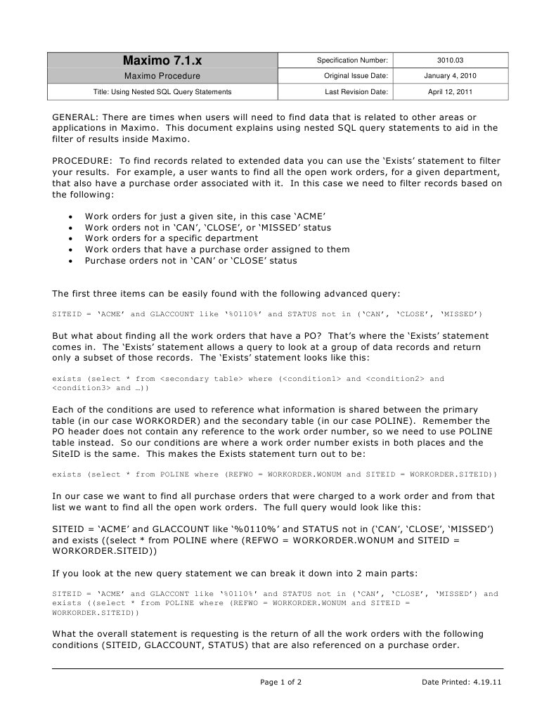 Using Nest SQL Queries in Maximo 7.1 | PDF | Sql | Data Management Software