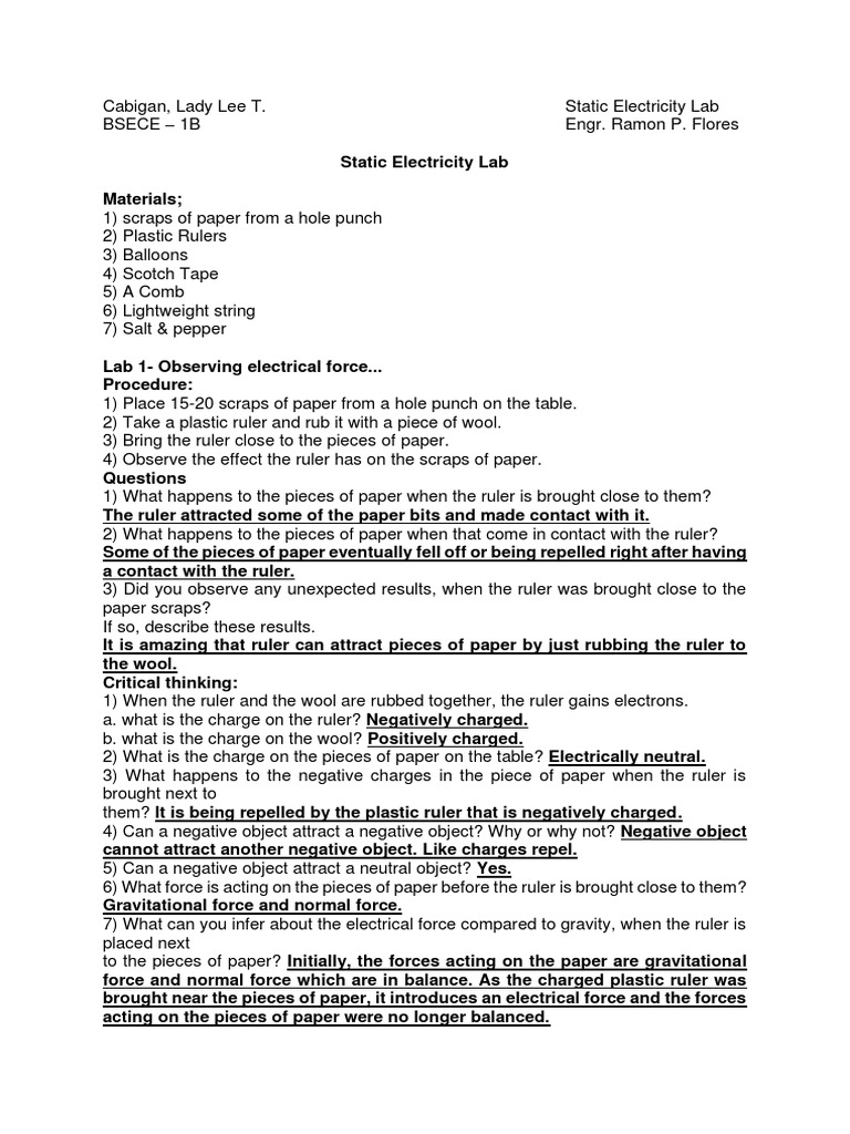 Static Electricity Lab | PDF | Electric Charge | Force