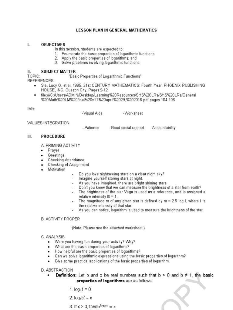Lesson Plan MATH2 | PDF | Logarithm | Ph