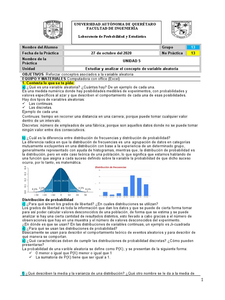 Práctica 13. Unidad 5. Variables Aleatorias. | PDF | Distribución de probabilidad | Variable ...
