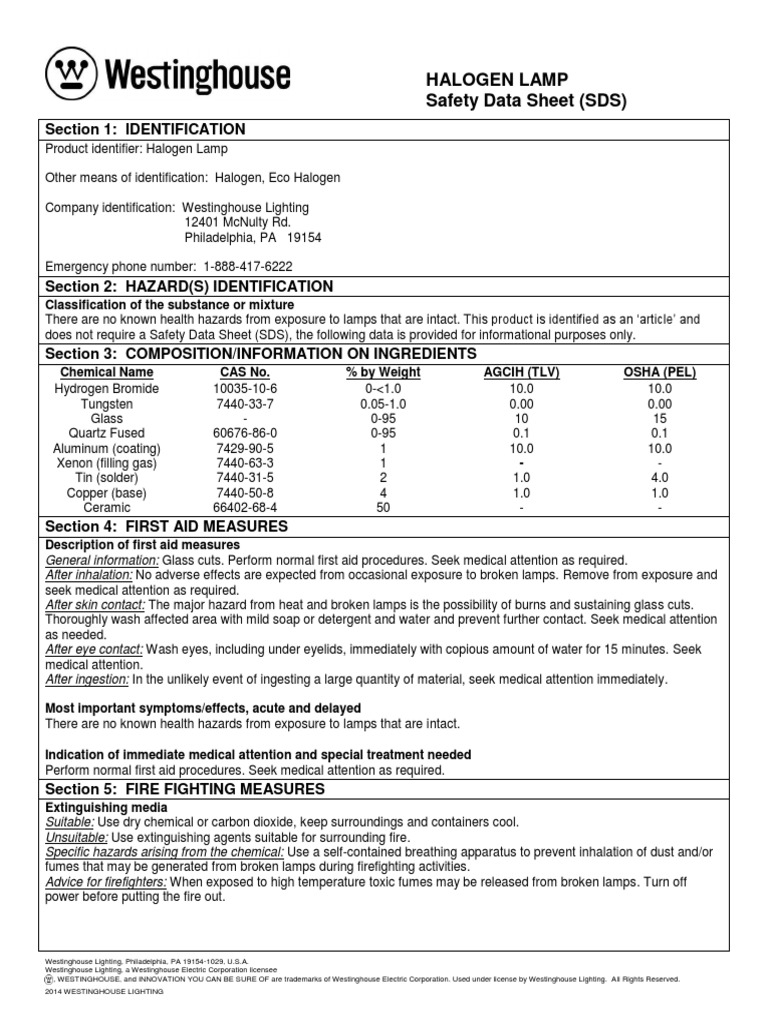 Halogen Lamp - Safety Data Sheet - Rev. 6-15-2016 | PDF | Dangerous ...