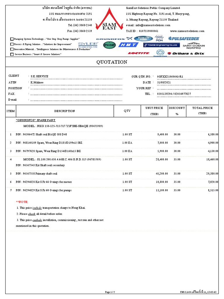 Quotation: Total Price Description QTY Unit Price Item (THB) (THB ...