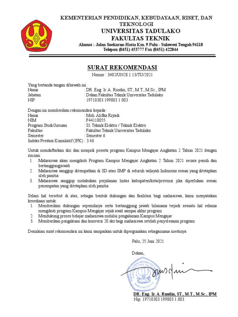 Surat Rekomendasi Kampus Mengajar 2 | PDF