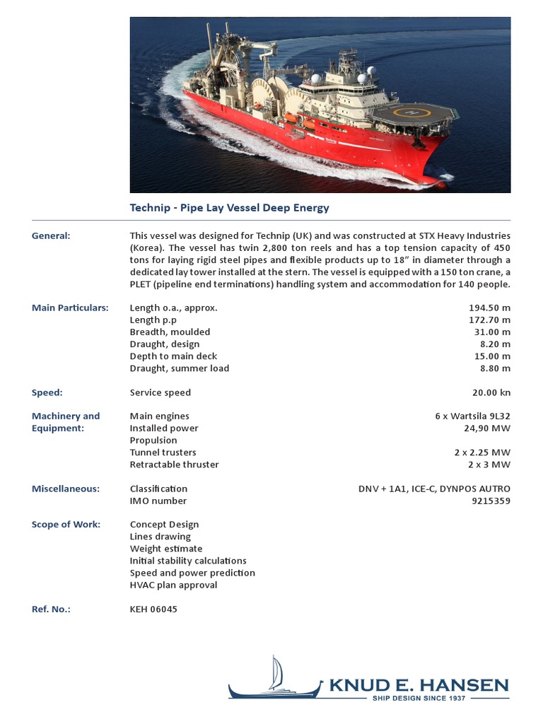 Technip - Pipe Lay Vessel Deep Energy: General | PDF