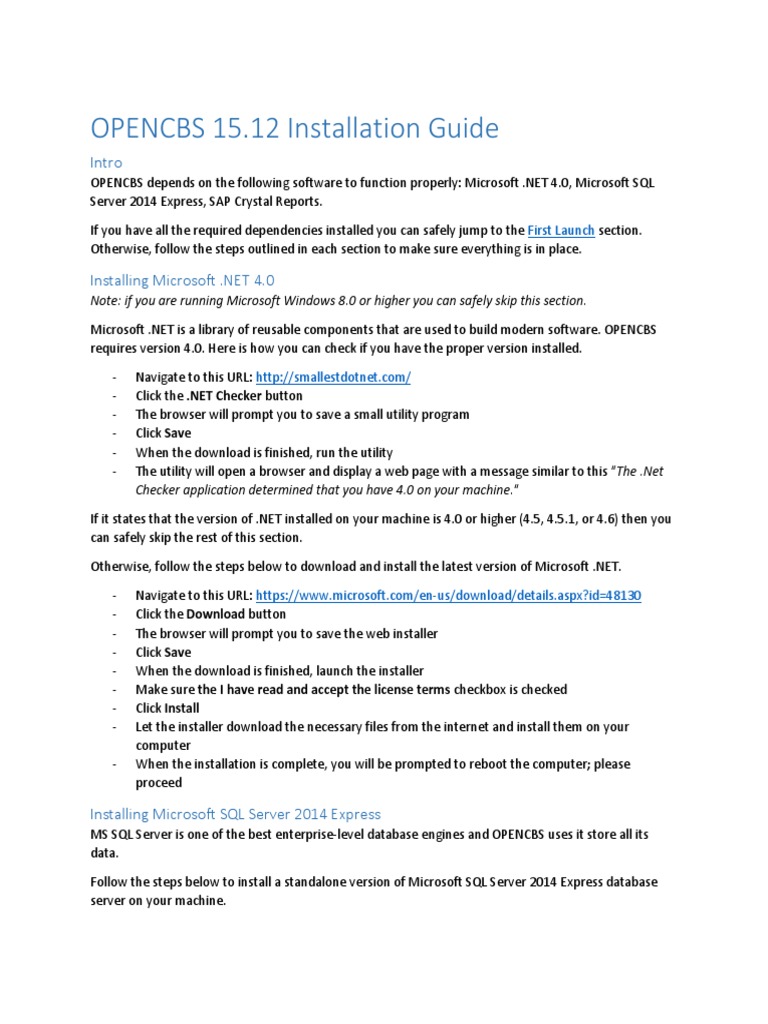 A Comprehensive Guide to Installing OPENCBS 15.12 and its Key Dependencies | PDF | Microsoft Sql ...