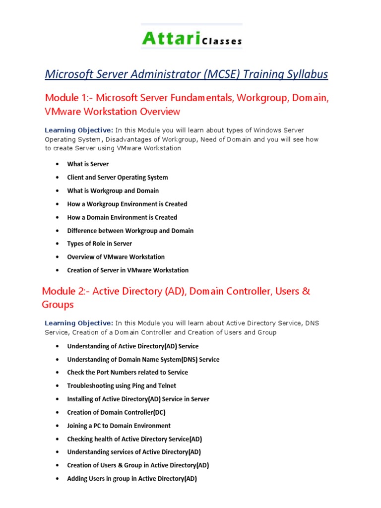 Microsoft Server Administrator (MCSE) Training Syllabus | PDF | Group ...