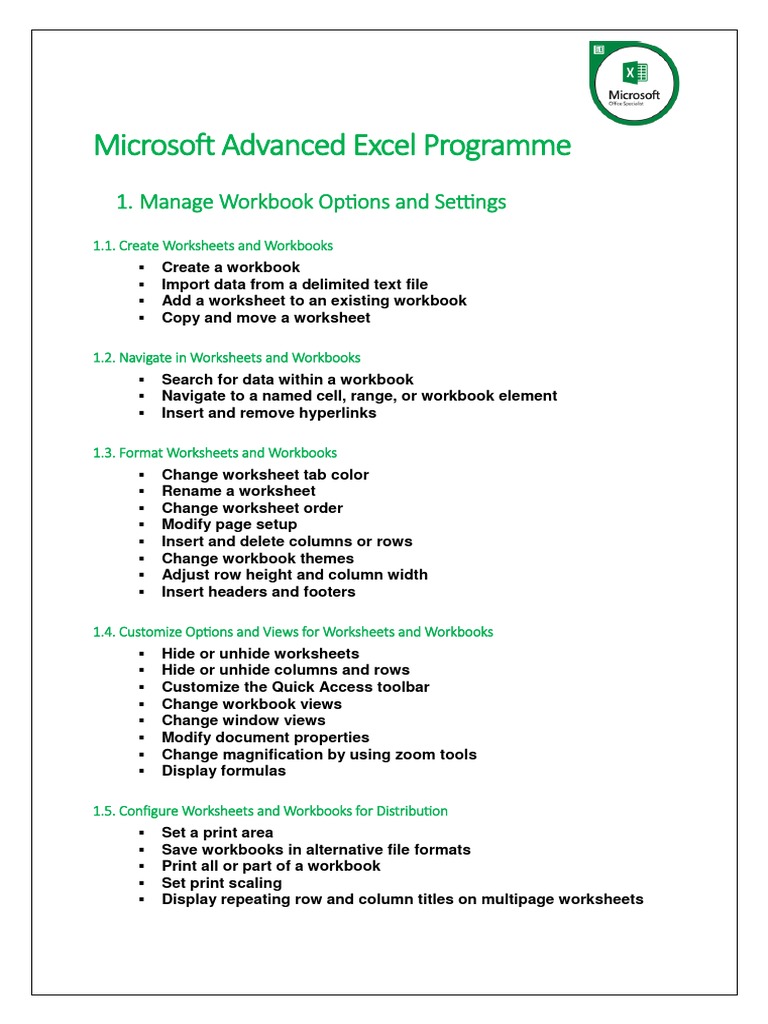 Microsoft Advanced Excel Programme: 1. Manage Workbook Options and ...